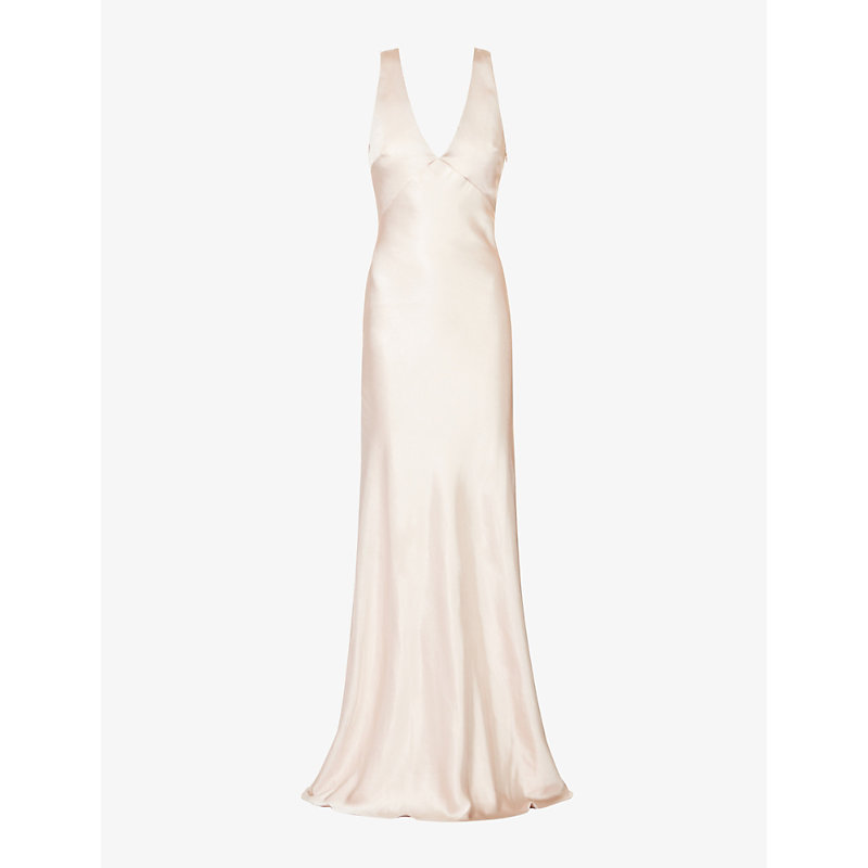 Six Stories Twist-Back V-Neck Satin Maxi Dress - Oyster | Editorialist