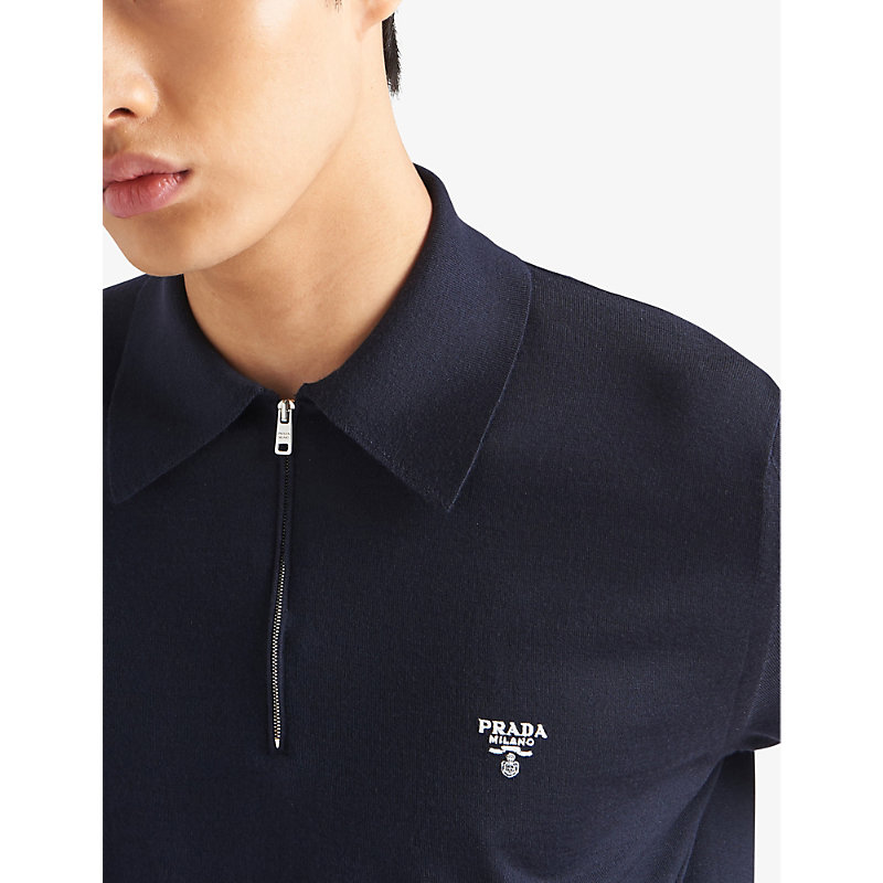 Prada Logo-Embroidered Short-Sleeved Wool Polo Shirt - Blue