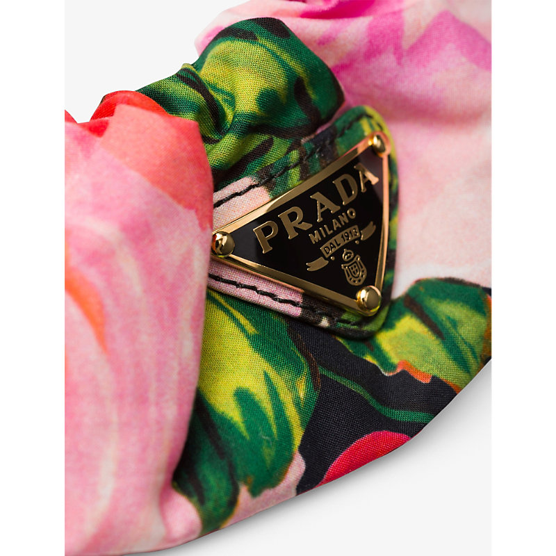 Prada Logo-Plaque Floral-Print Scrunchie - Black | Editorialist display picture 1