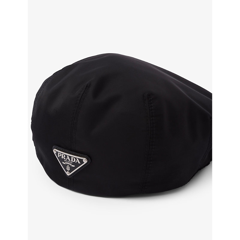 Prada Re-Nylon Beret Hat With Triangle Plaque - Black | Editorialist