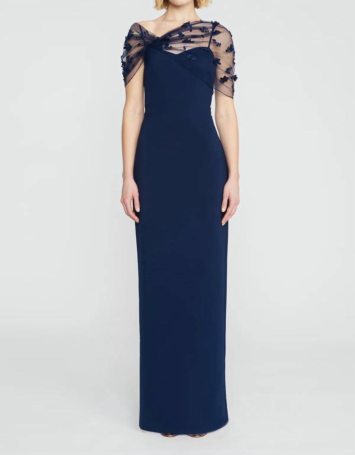 Theia Sophia Beaded Shawl Gown In Navy In Blue 43% Off