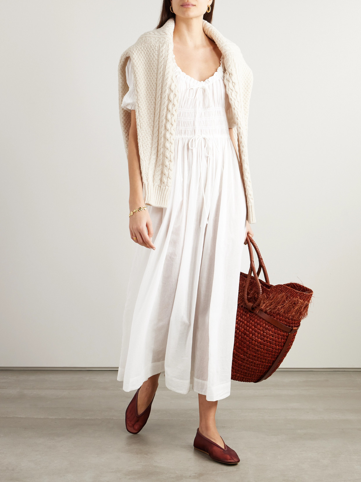 den ischia shirred cotton-blend voile midi dress DEN Ischia Shirred Organic Cotton-Blend Voile Midi Dress