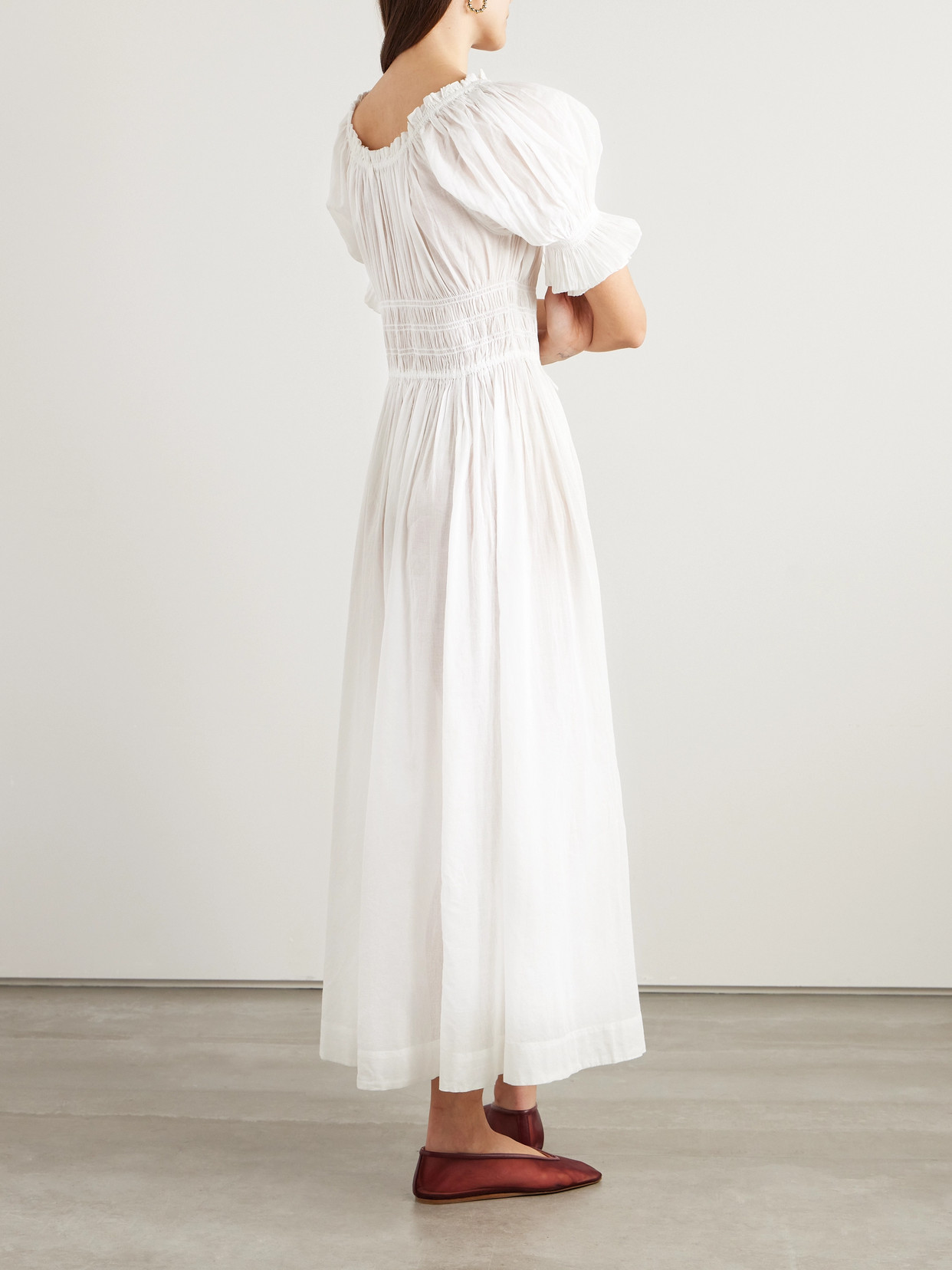 den ischia shirred cotton-blend voile midi dress DEN Ischia Shirred Polka-dot Organic Cotton-voile Midi Dress