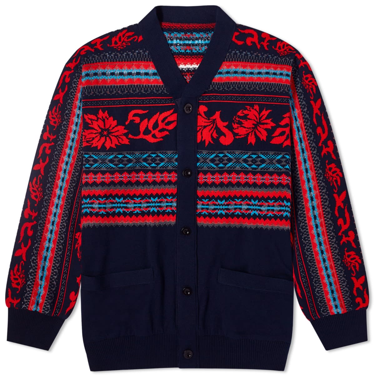Sacai Floral Jacquard Cardigan In Navy/Red - 60% Off | Editorialist
