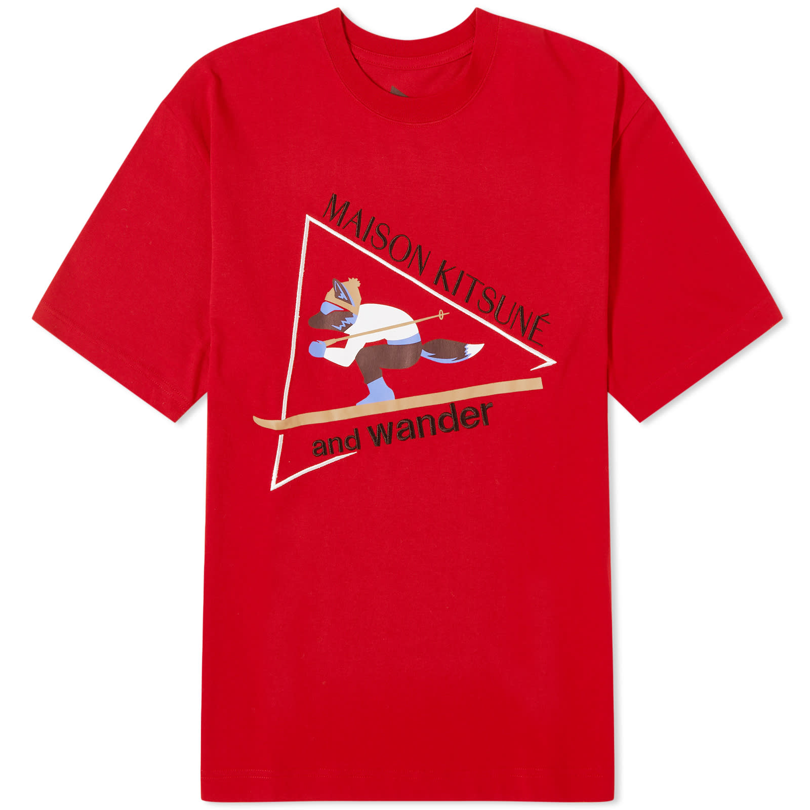 And Wander X Maison Kitsuné Skiing Fox T-Shirt In Red - 40% Off 