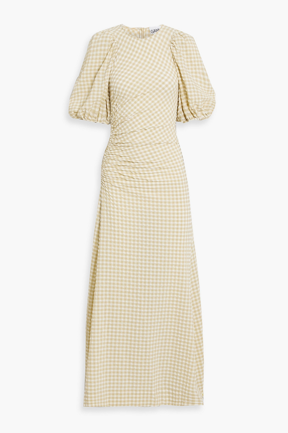 Ganni Seersucker Check Dress Beige Ganni Ruched Gingham Seersucker
