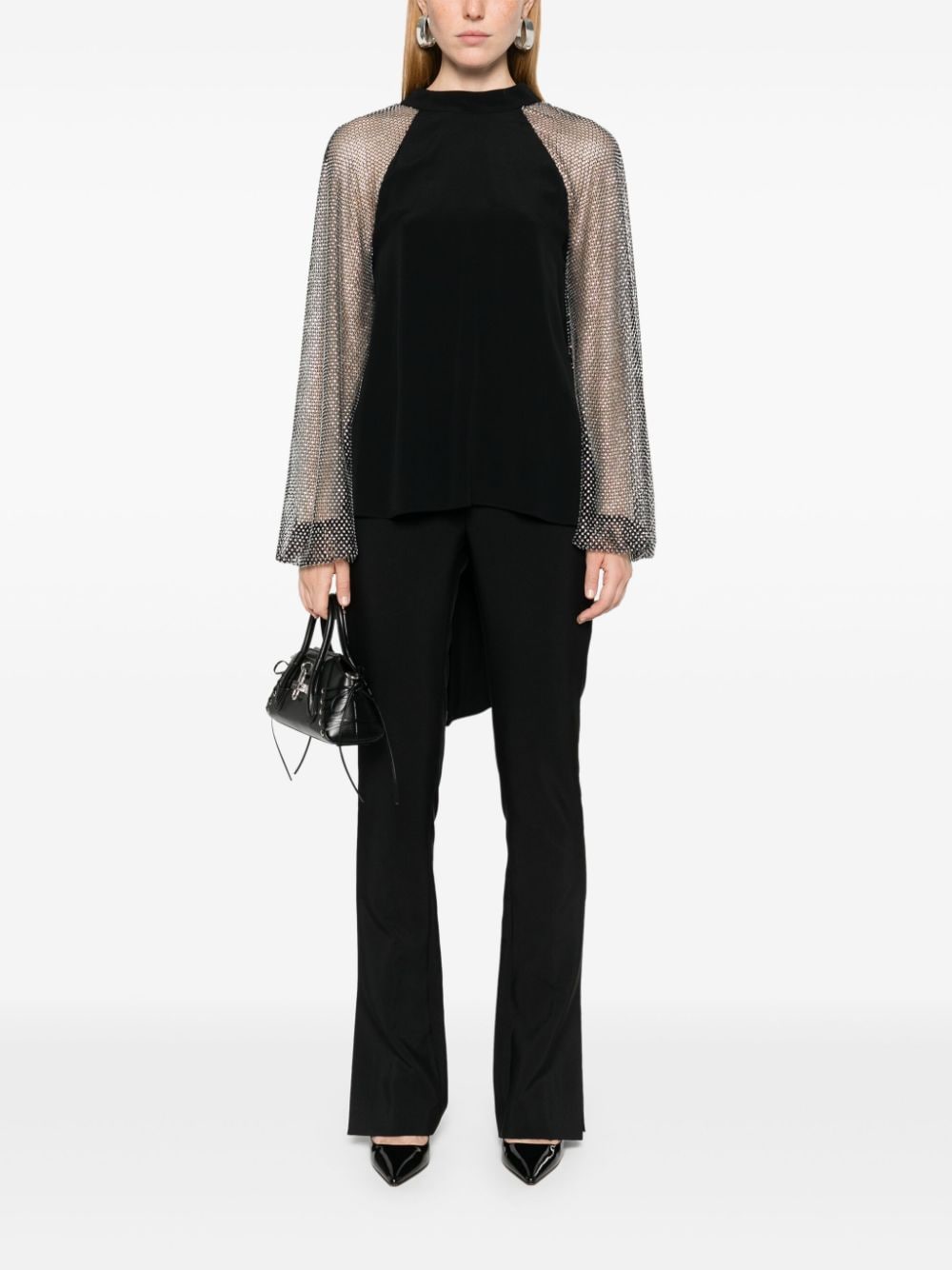 GENNY Genny Rhinestone Mesh-Sleeves Blouse