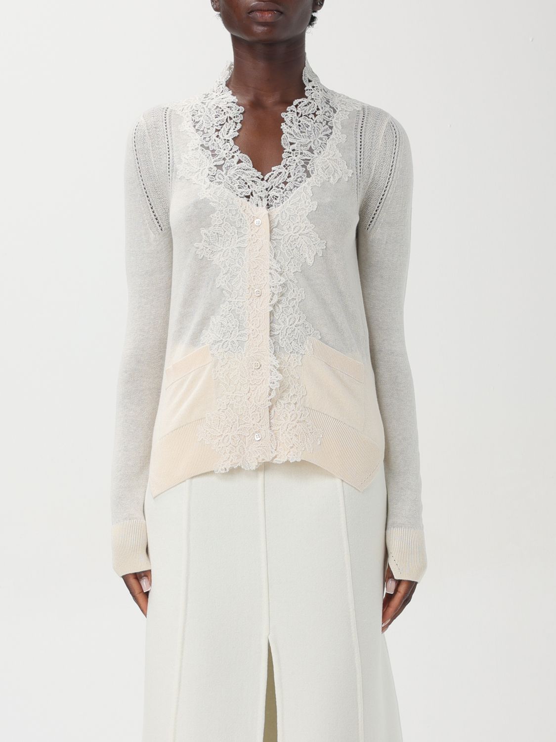 Ermanno Scervino Lace Trimmed Cardigan In Natural - 48% Off