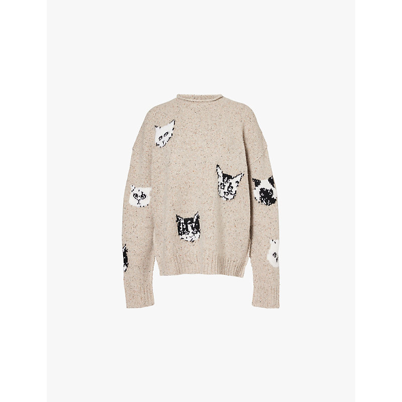 Acne Studios Cat-Print Knitted Wool-Blend Jumper In Beige - 55