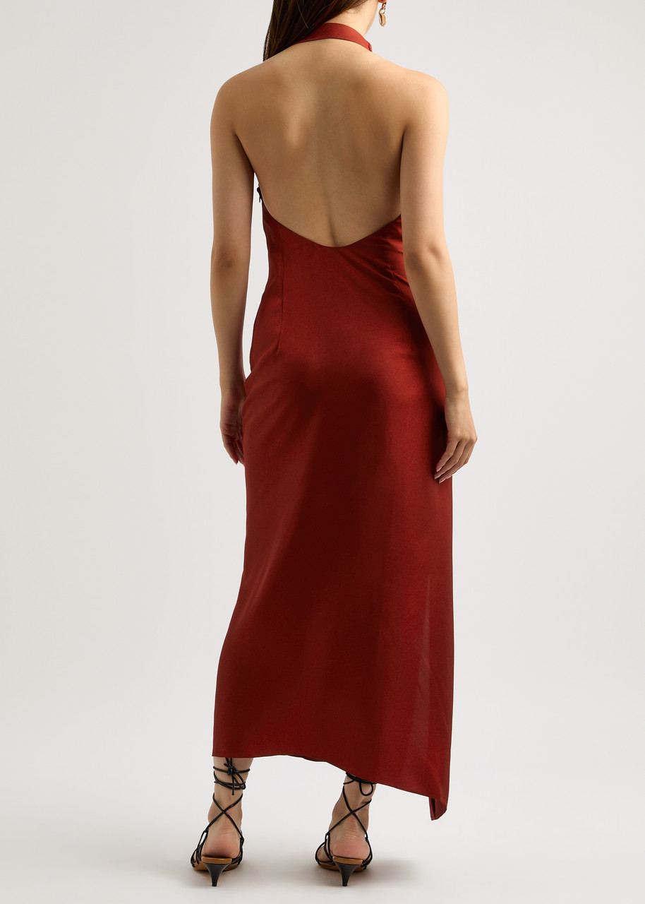 open lace back dress Scarlett Red Silk Satin Backless Dress With Feather Trim  NAL