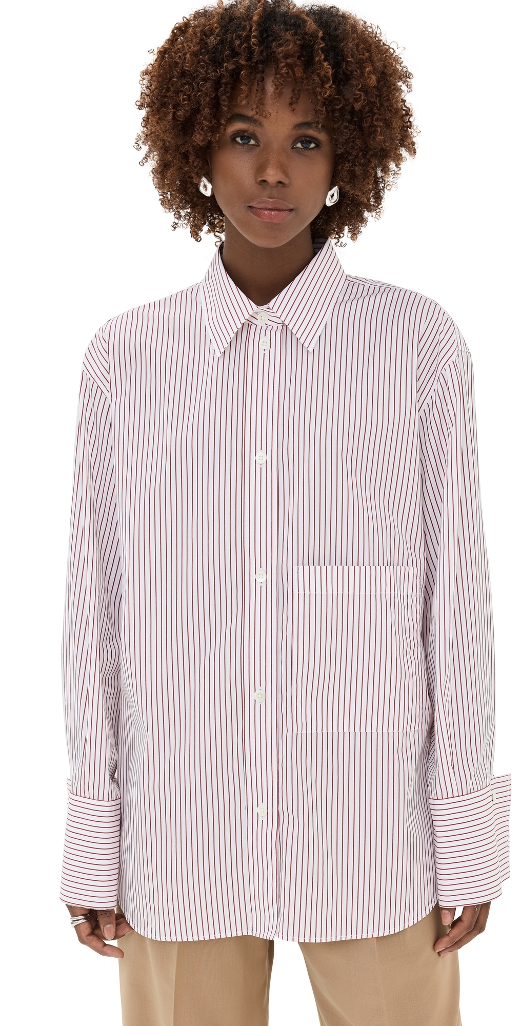 Rohe Shirt With Large Cuffs And Fraying Details In White/Port Stripe ...
