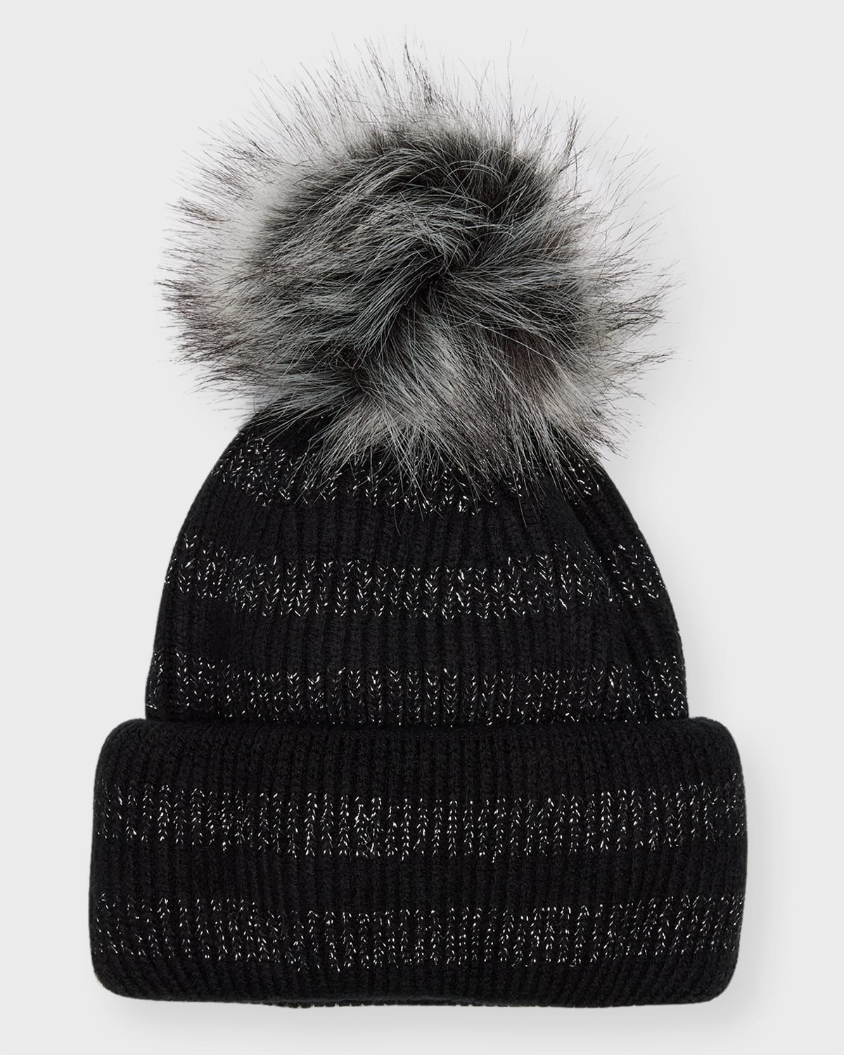 Adrienne Landau Metallic Striped Knit Beanie With Faux Fur 