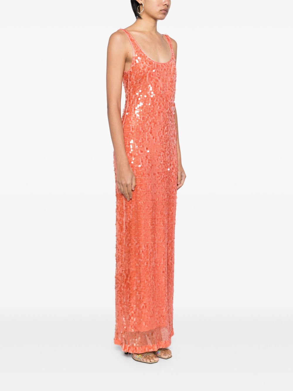 open lace back dress Norma Kamali Sequin Low Back Slip Mermaid Fishtail Gown in Neon Orange –  Suite 201 main image 0