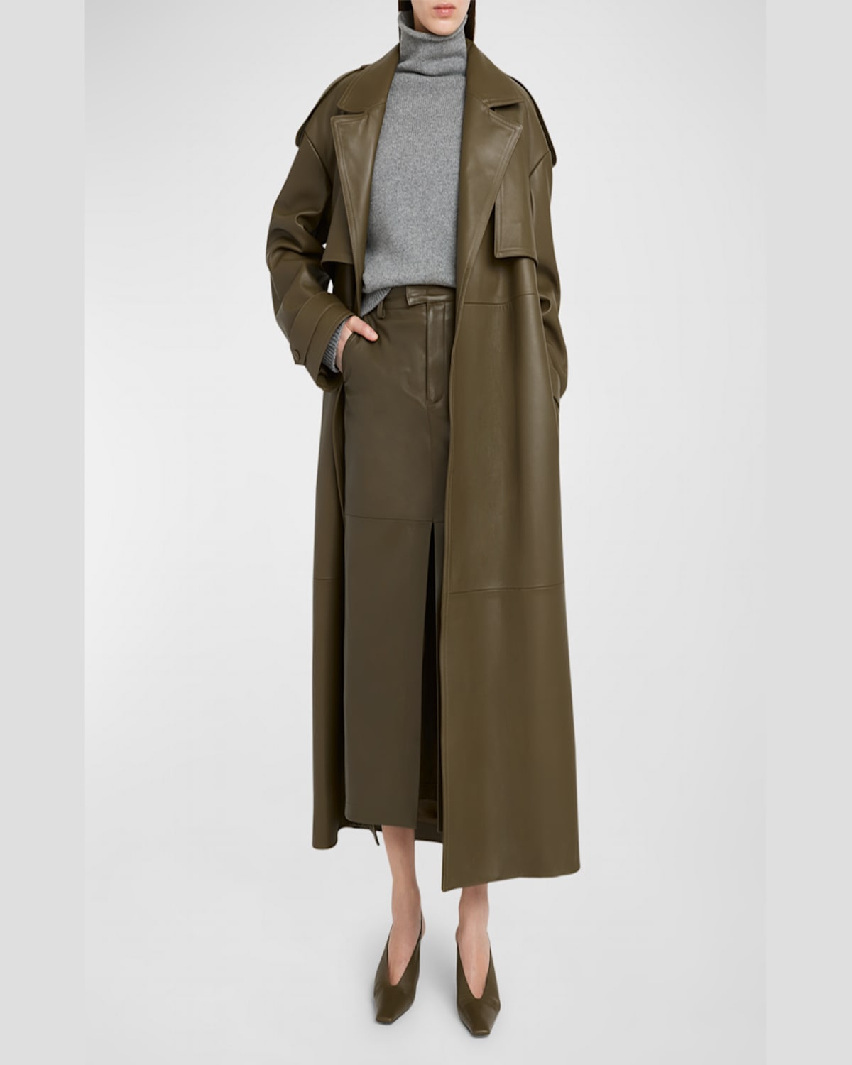 Armarium Ginevra Belted Nappa Leather Trench Coat Olive
