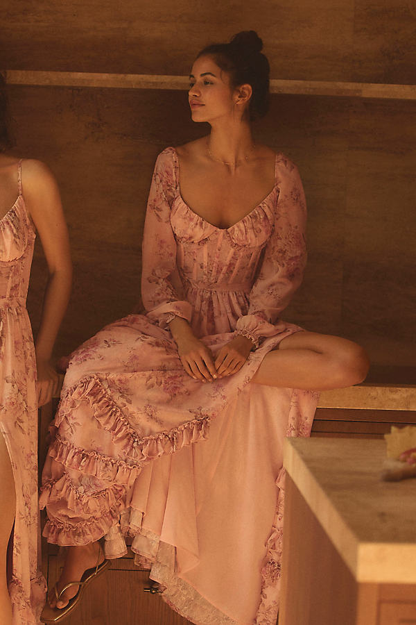 v chapman carmella long sleeve ruffled chiffon maxi dress The Carmella Dress in Blue Tapestry Rose 8 / Blue Tapestry Rose
