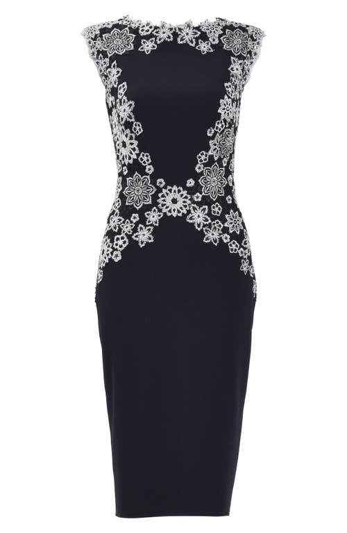 tadashi shoji embroidered lace sheath dress Tadashi Shoji Women's Scroll Lace Long Sleeve Crepe Gown - Black main image 1