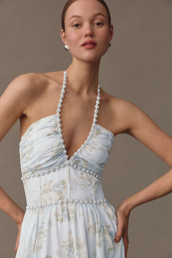 V. Chapman Scarlette Halter Embellished Corset Organza Maxi Dress - Sage  Toile | Editorialist