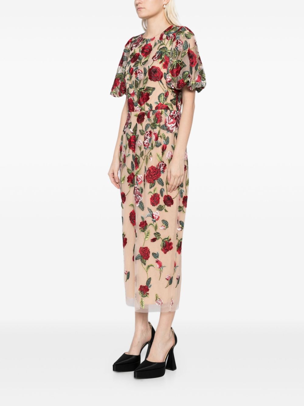 marchesa notte floral appliqud embroidered tulle midi dress Illusion Murals Sleeveless Embroidered Tulle Midi Dress