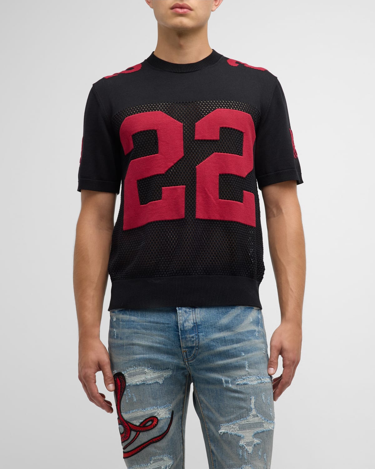 Amiri 22 Intarsia Mesh T-Shirt In Black Red - 40% Off | Editorialist