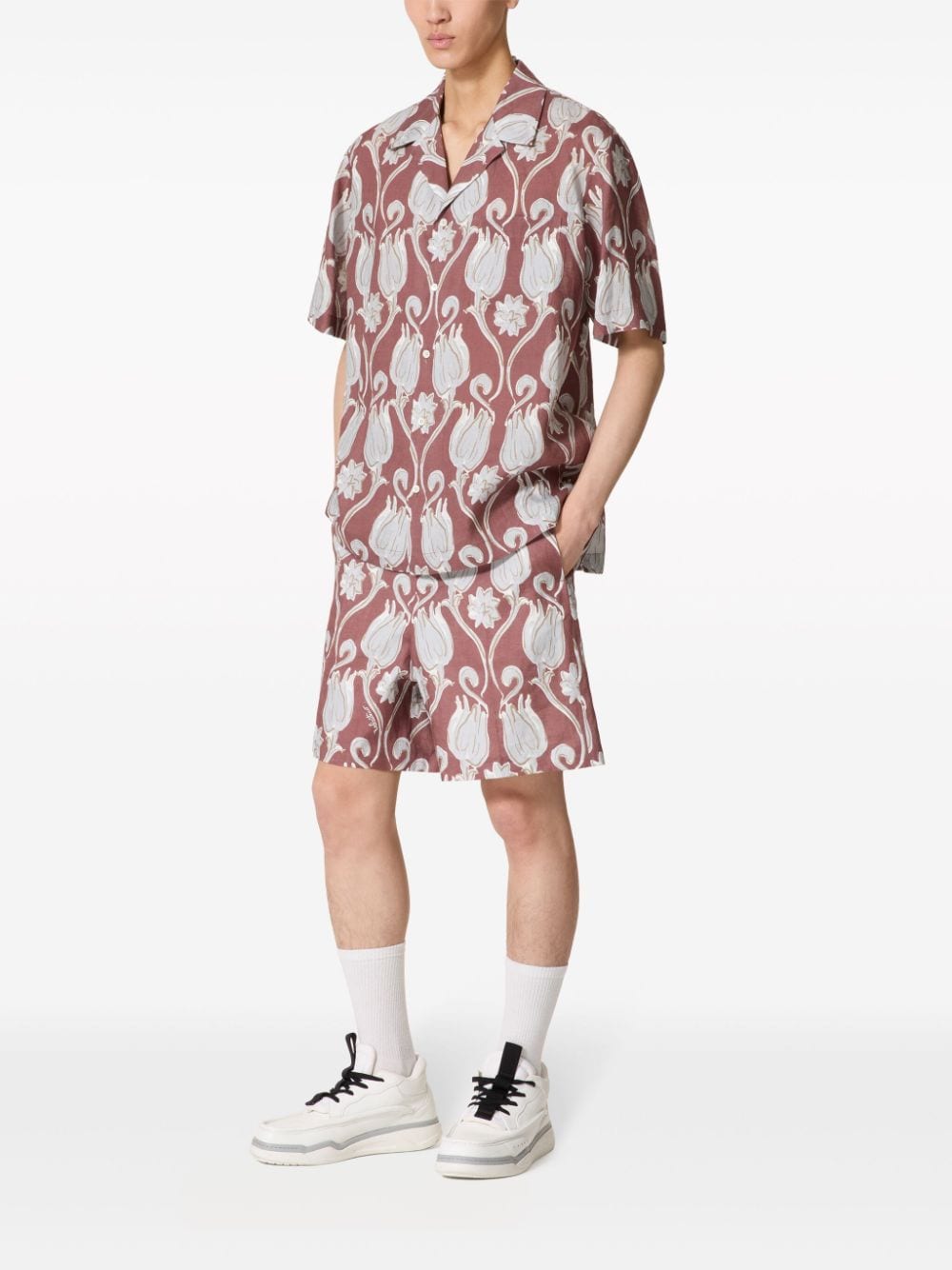 VALENTINO Tulips-Print Linen Bermuda Shorts
