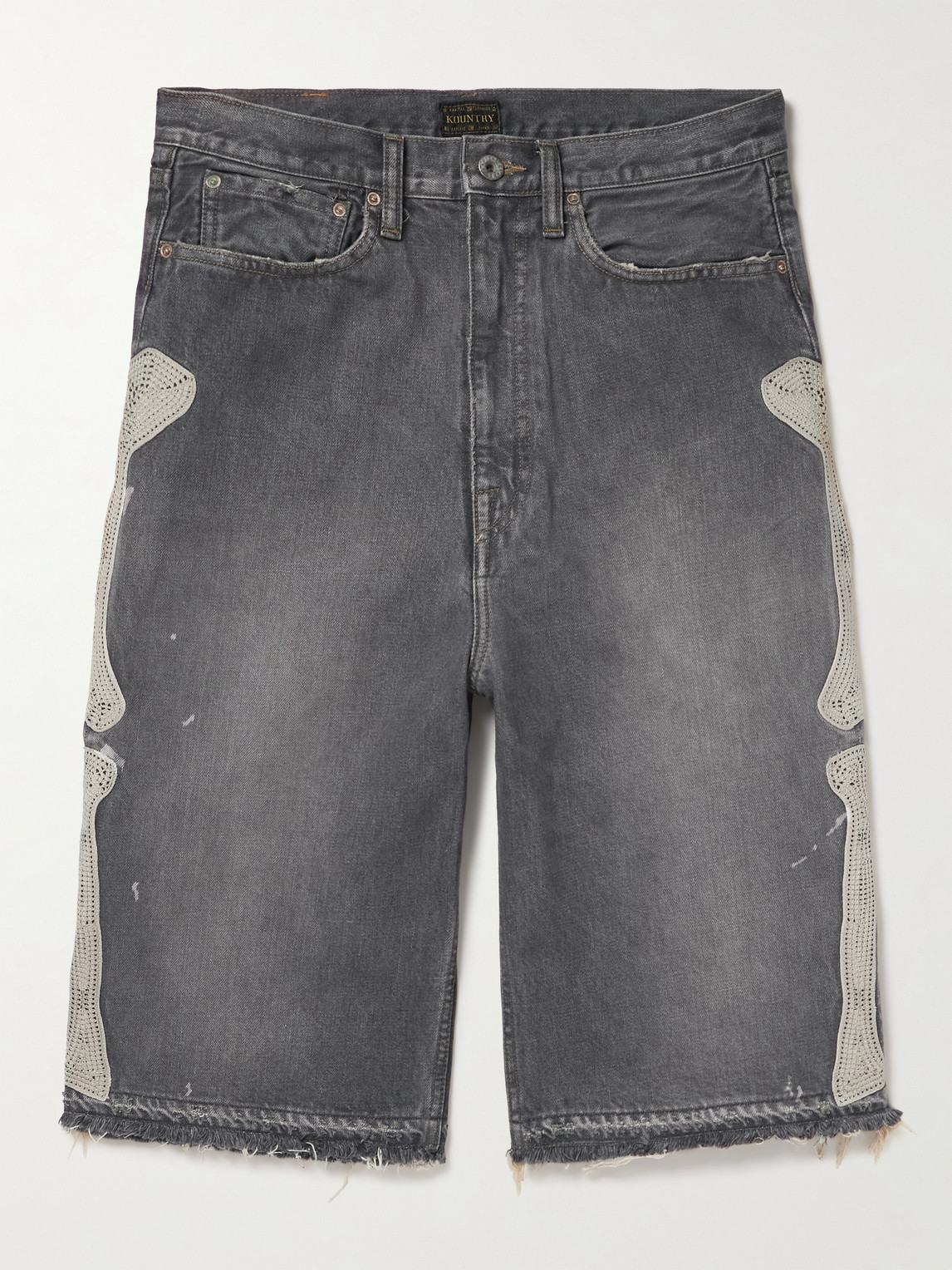 KAPITAL Wide-Leg Appliquéd Distressed Denim Shorts