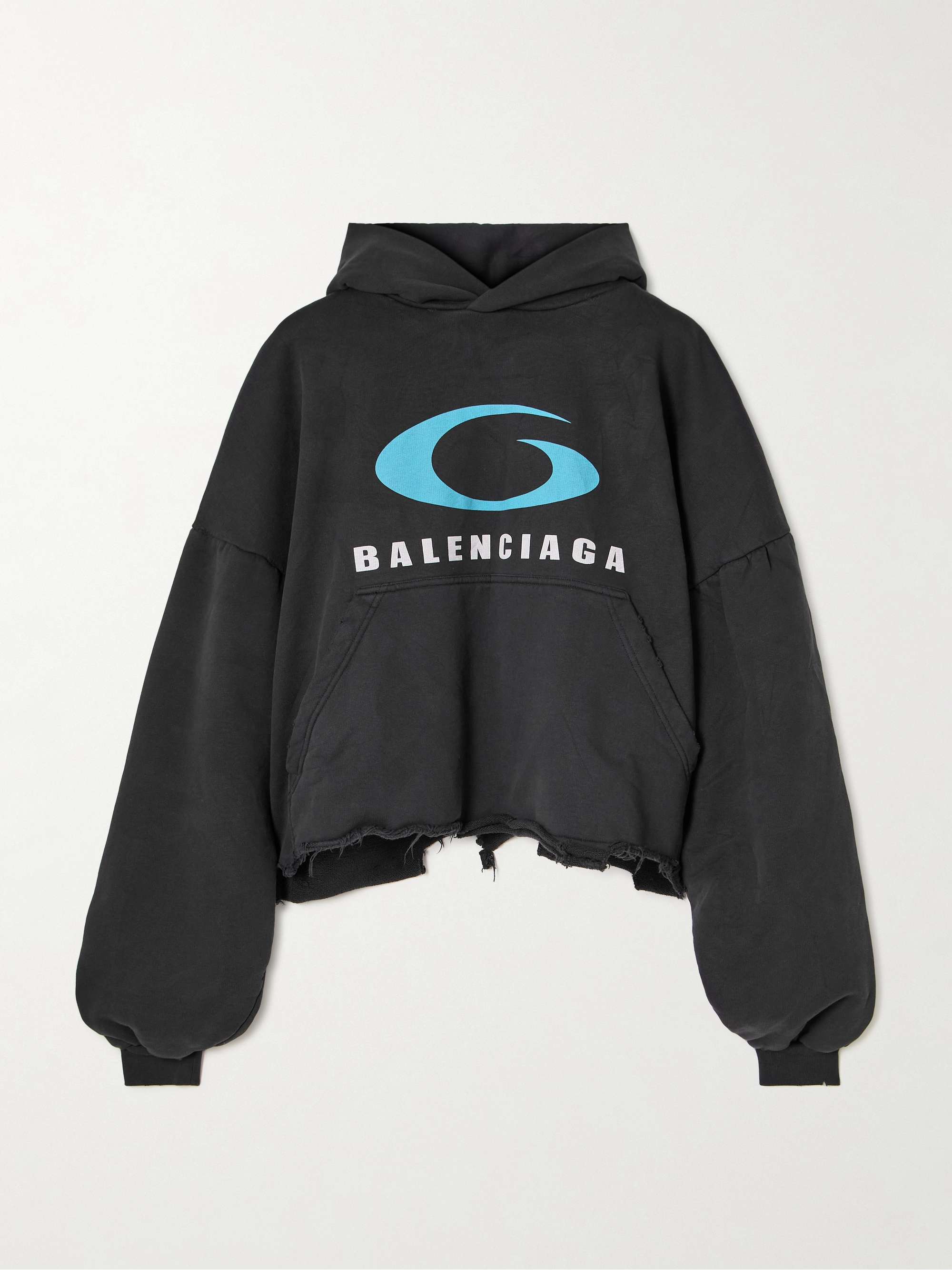 Balenciaga Oversized Cropped Distressed Printed Hoodie In Black 