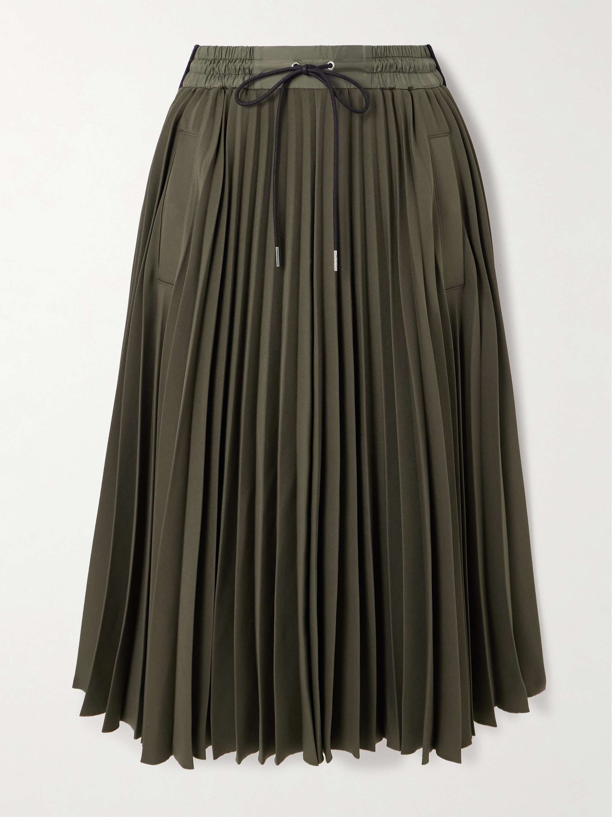 Sacai Ribbed-Knit Trimmed Pleated Tech-Jersey Midi Skirt In Green