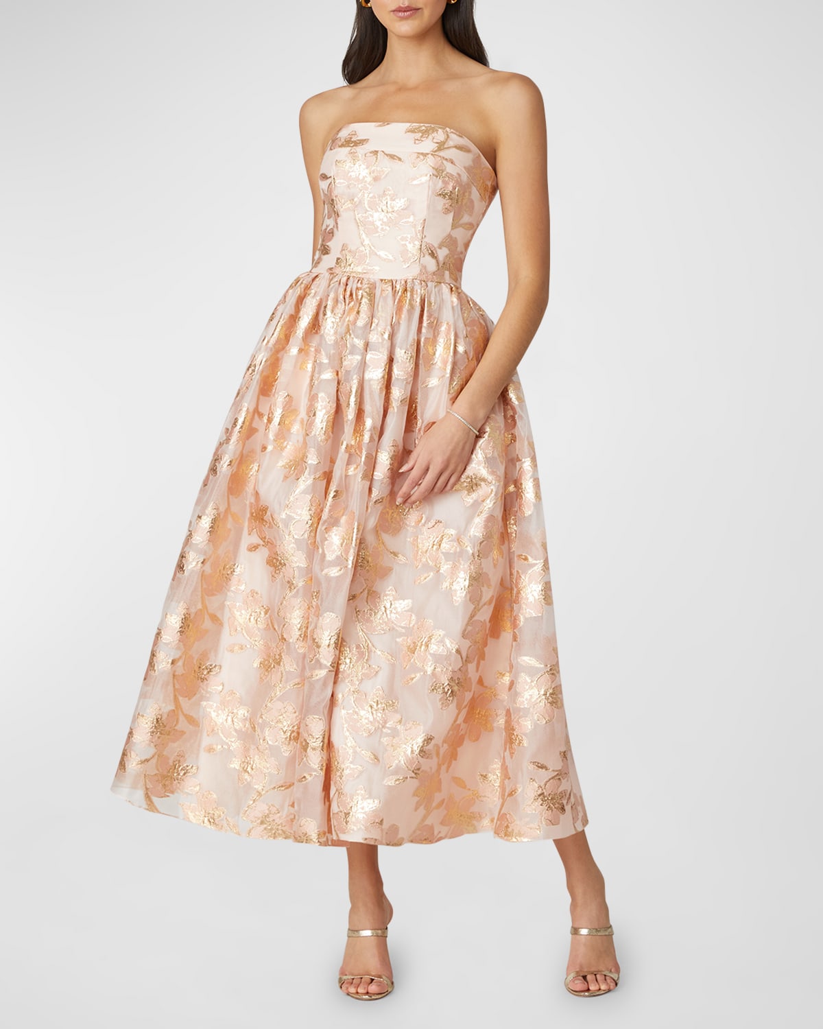 Shoshanna Strapless Floral Jacquard Midi Dress - Blushgold | Editorialist