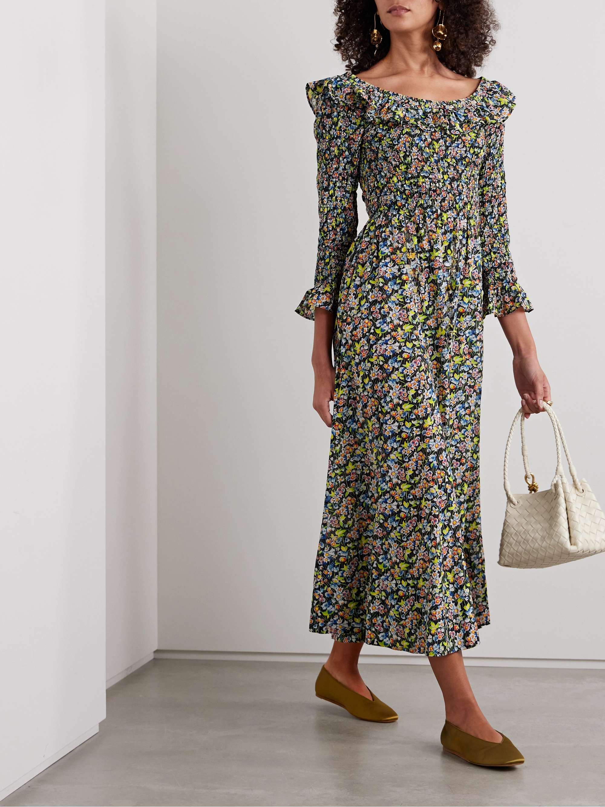 DEn Drew Ruffled Floral-Print Silk-Georgette Maxi Dress In Green - 40% Off  | Editorialist