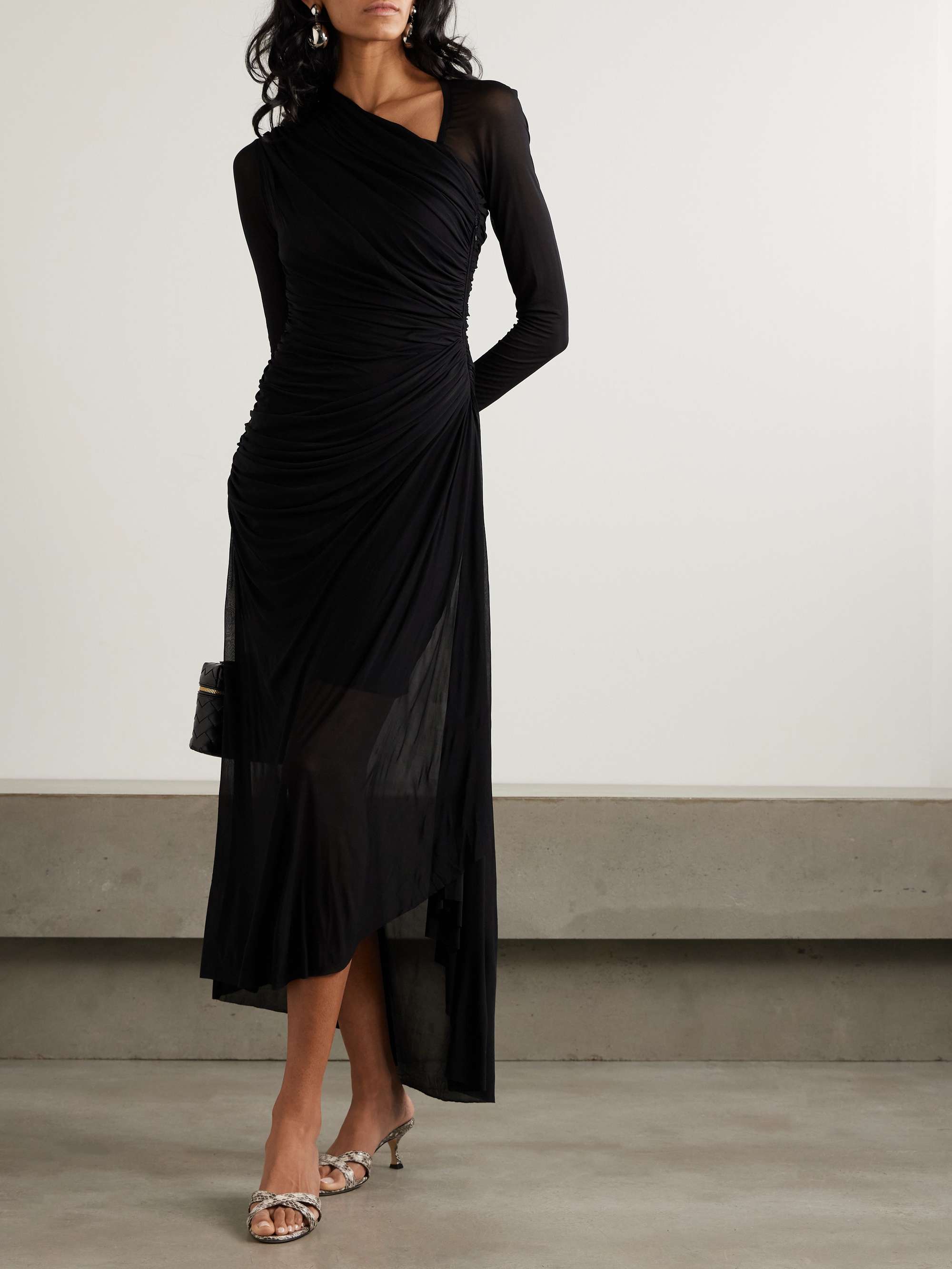 Zimmermann Illustration Asymmetric Ruched Midi Dress In Black - 50% Off |  Editorialist
