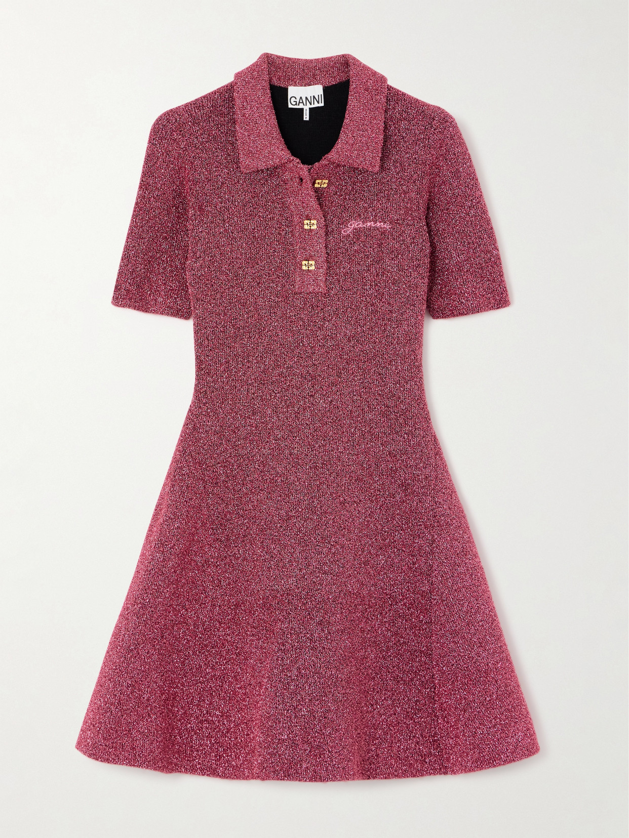 Ganni Embroidered Metallic-Knit Mini Dress In Pink - 50% Off | Editorialist