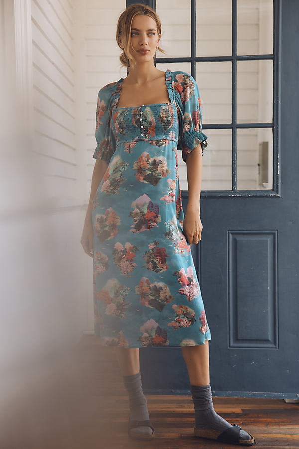 asymmetrical smocked bodice midi dress anthropologie Anthropologie Puff-Sleeve Smocked Midi Dress - Blue