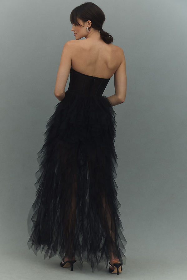 mac duggal strapless bustier spiral ruffle tulle side-slit maxi dress Strapless Tulle Ruffle Gown
