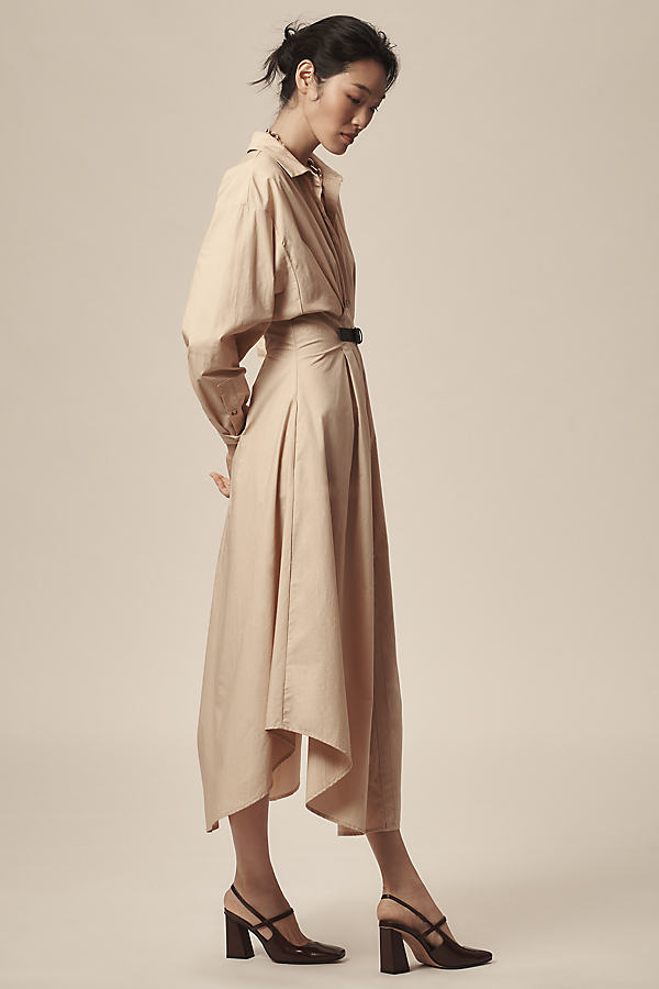 anthropologie pleated buckle midi shirt dress Anthropologie Midi Shirt Dress Ivory Long Sleeve Pleated Buckle Retro Size 6 NWT Midi