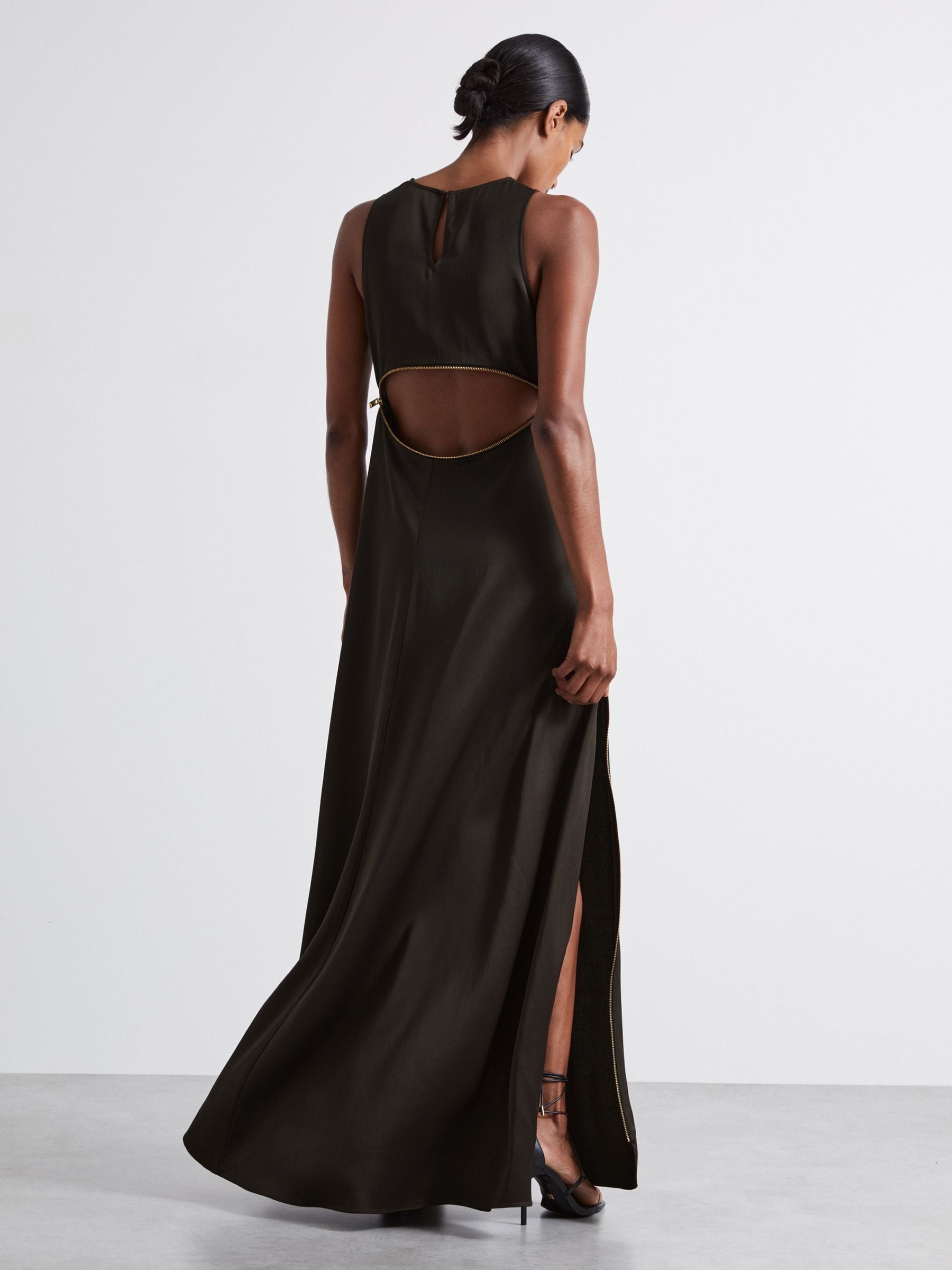 reiss opi satin maxi dress Reiss Opi Atelier Satin Maxi Dress With Sheer-Panel In Green - 50% Off