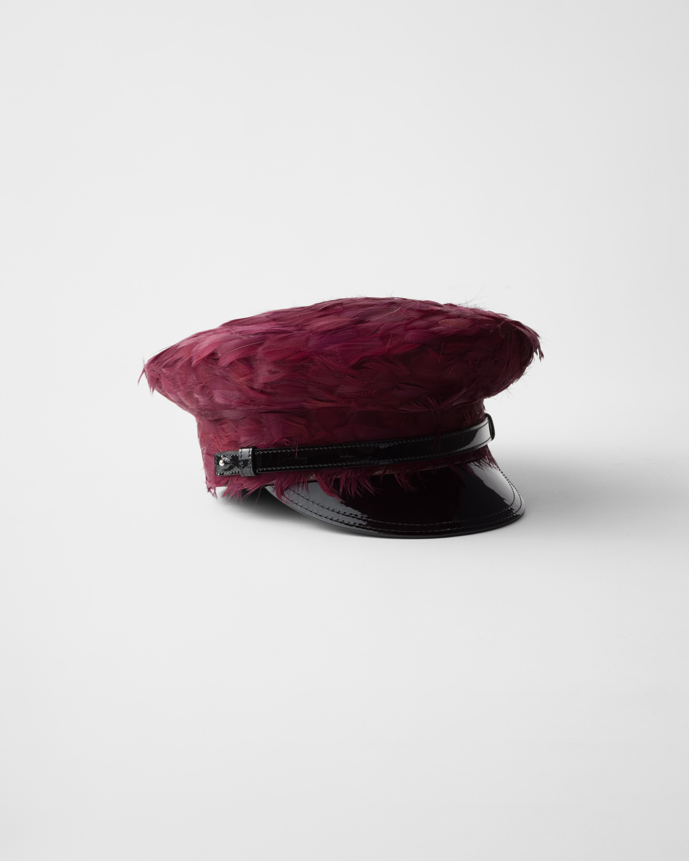 Prada Patent Leather And Feather Cap Burgundy Editorialist