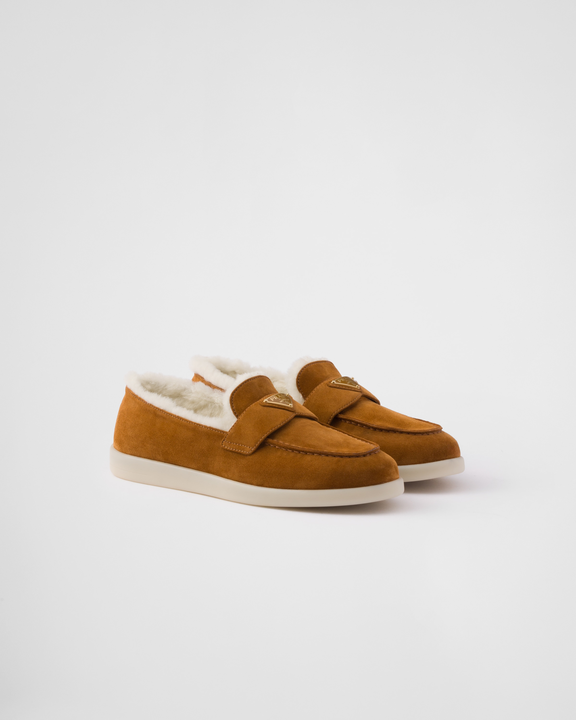 Prada Brown Suede Loafers With Shearling Lining And Minimalist Design - NWT Prada Suede Shearling Mule Loafers | Neiman Marcus main image 4