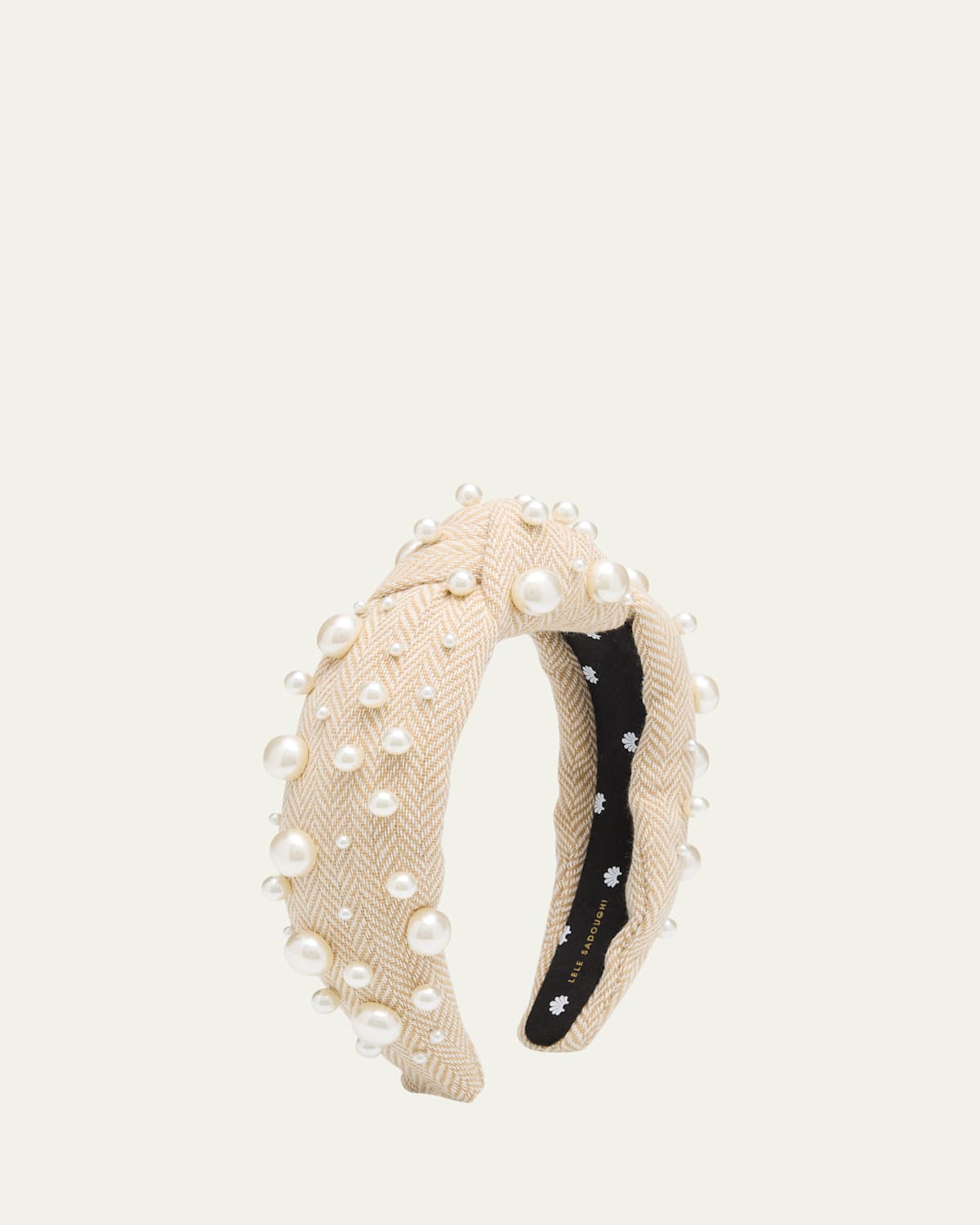 Lele Sadoughi Camel Knotted Headband with Pearl Accents Lele Sadoughi Velvet Pearl Knotted Headband - Jet - Murray main image 3