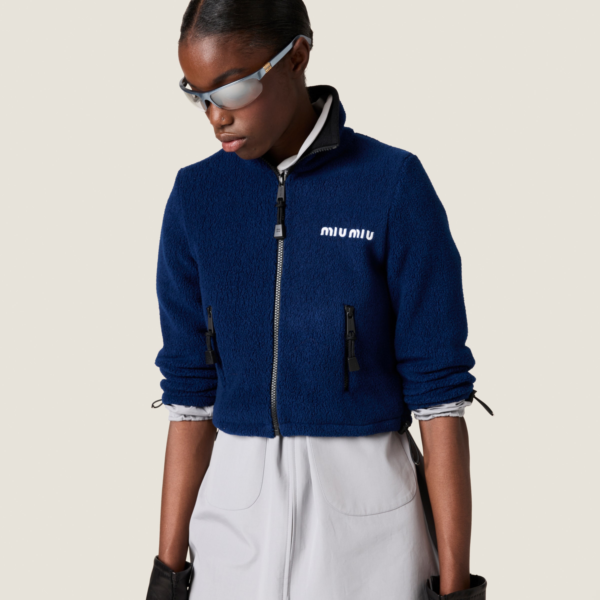 Miu Miu Cotton Fleece Cropped Sweatshirt - Navy | Editorialist