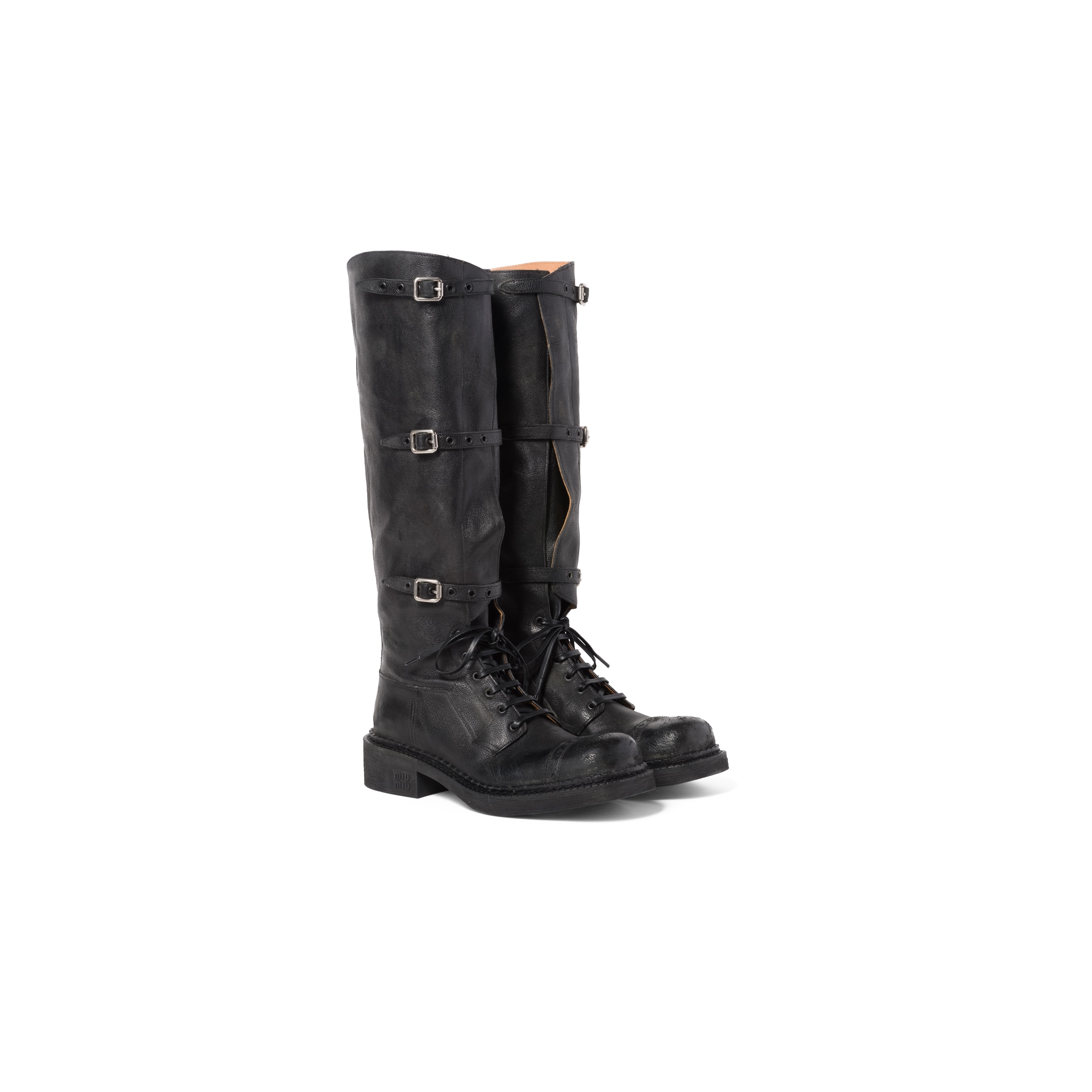 Miu Miu Black Lace-Up Leather Combat Boots with Yellow Logo Pull Tabs Miu Miu Black Side Zip Lace Up Combat Boots - Ann main image 2