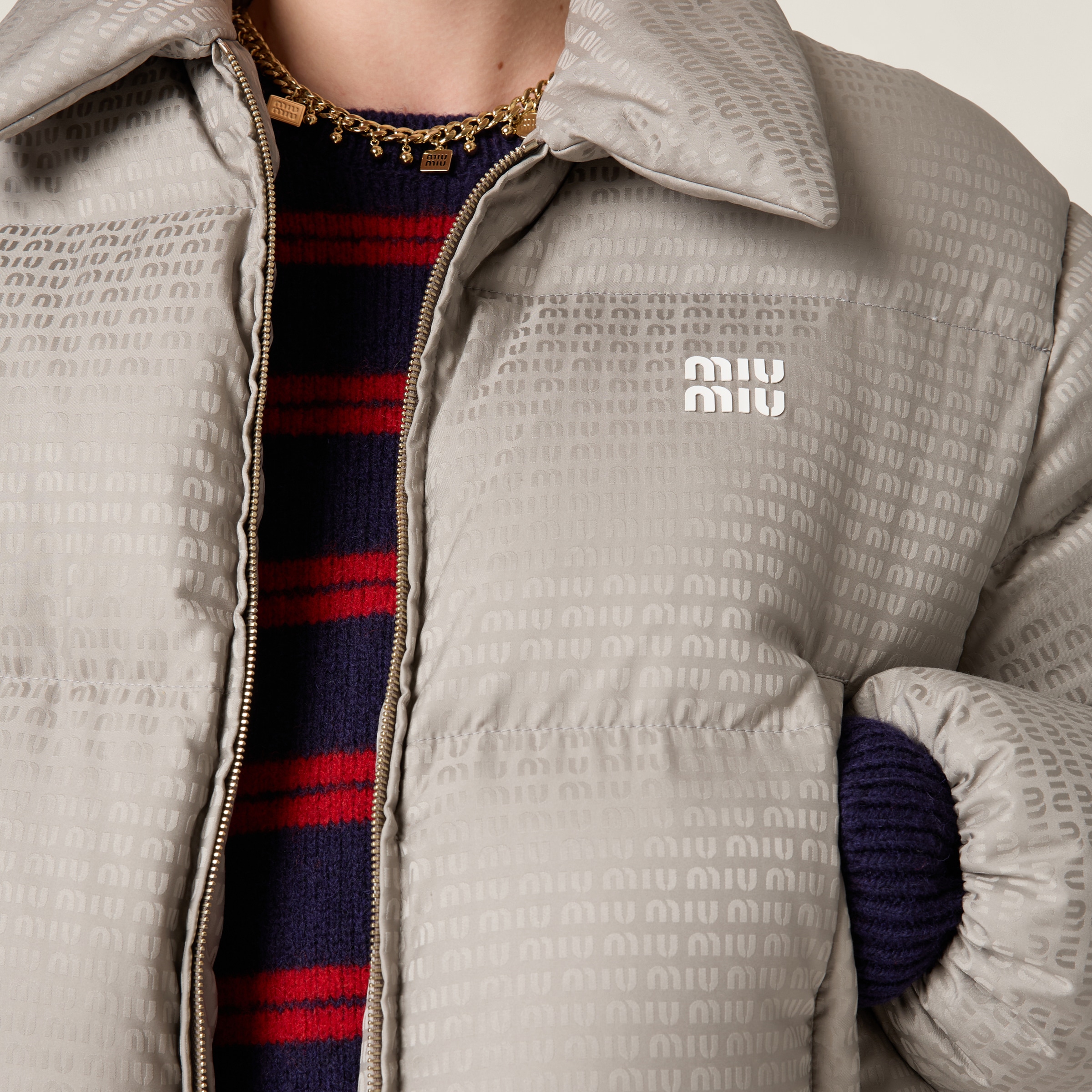 Miu Miu Technical Pongé Down Jacket - Aluminum | Editorialist