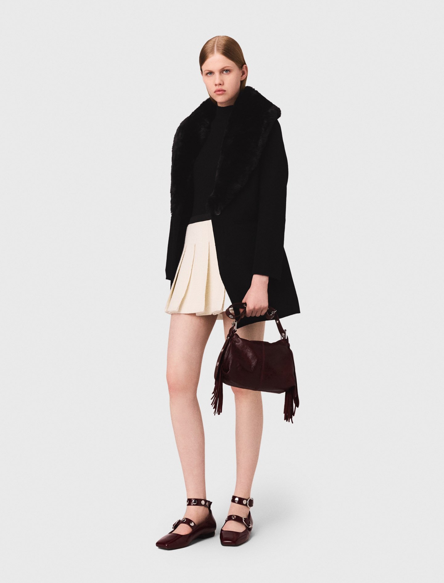 MAJE Maje Double-Faced Mid-Length Coat with Removable Fur Collar