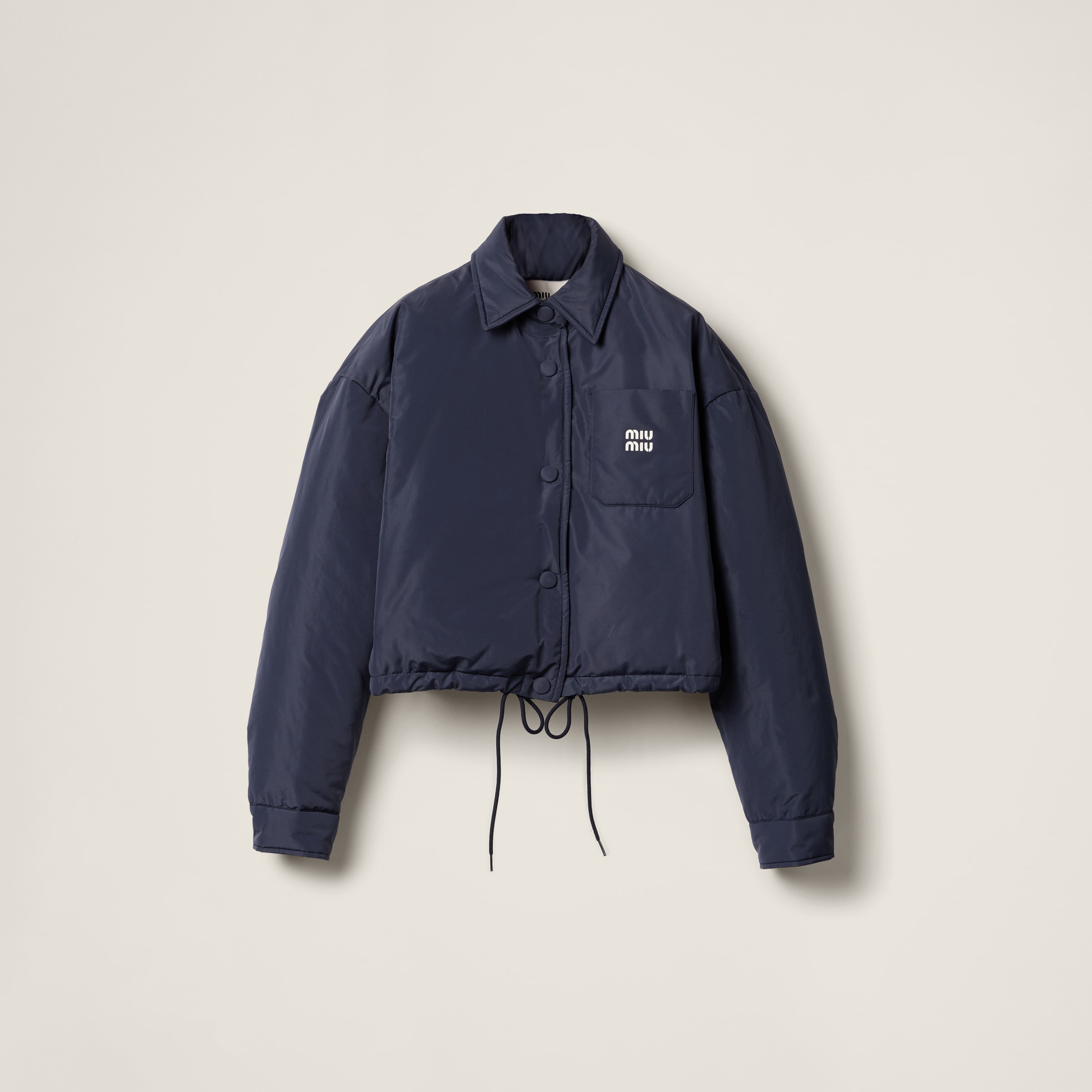 Miu Miu Technical Pongé Cropped Down Jacket - Navy | Editorialist