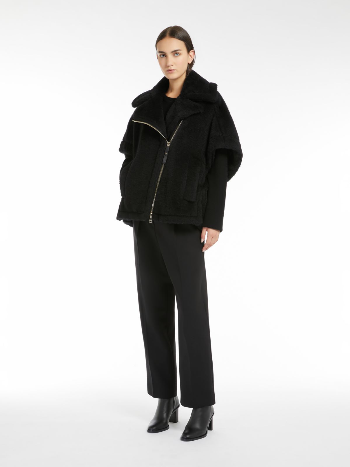 Max Mara Teddy Fabric Biker Cape - Black | Editorialist
