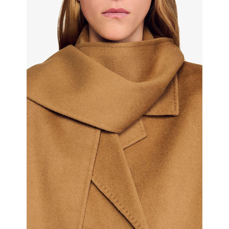 Sandro Relaxed-Fit Wool Coat With Integrated Scarf In Camel - 41