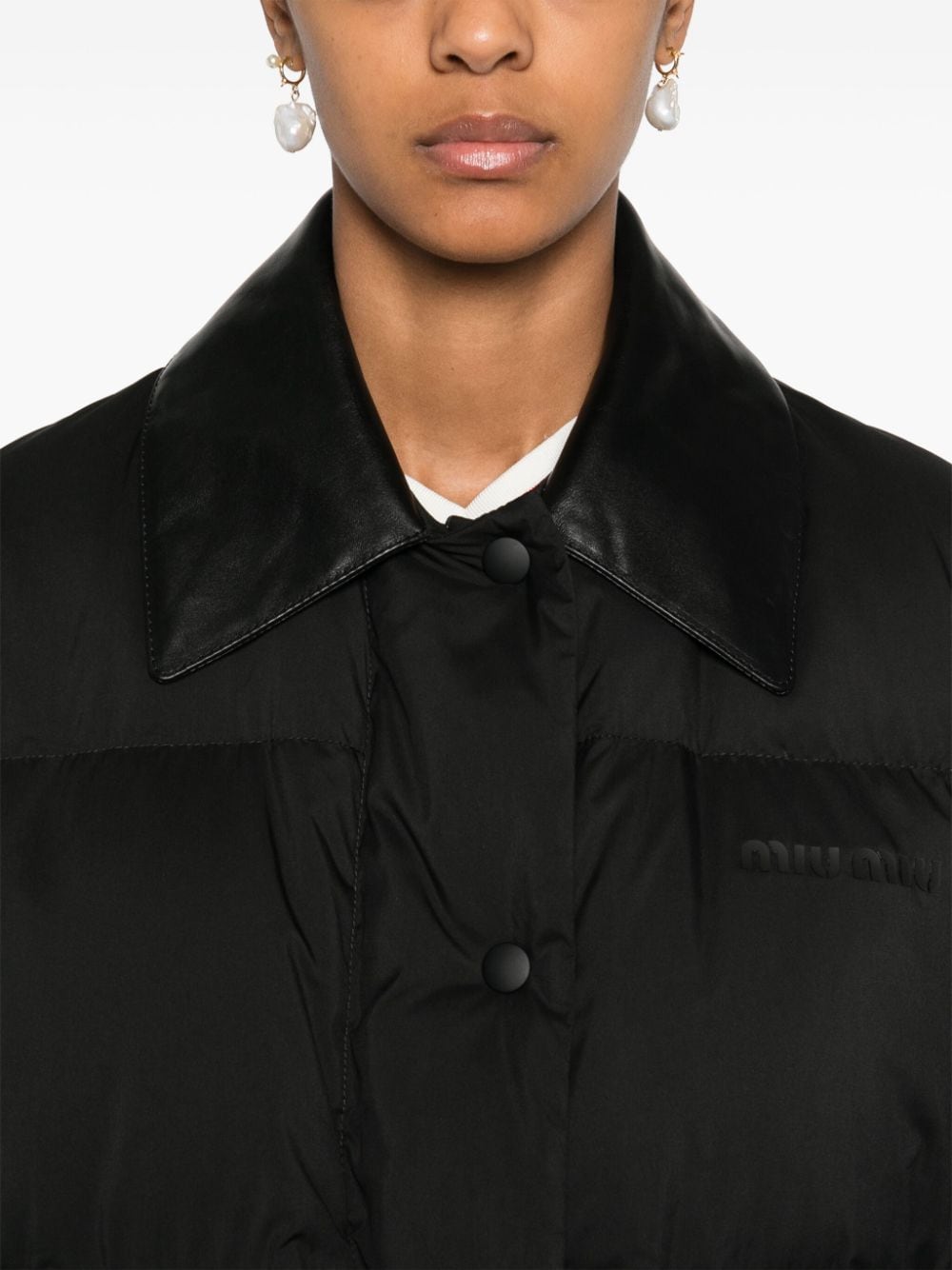 Miu Miu Leather-Collar Puffer Jacket - Black | Editorialist