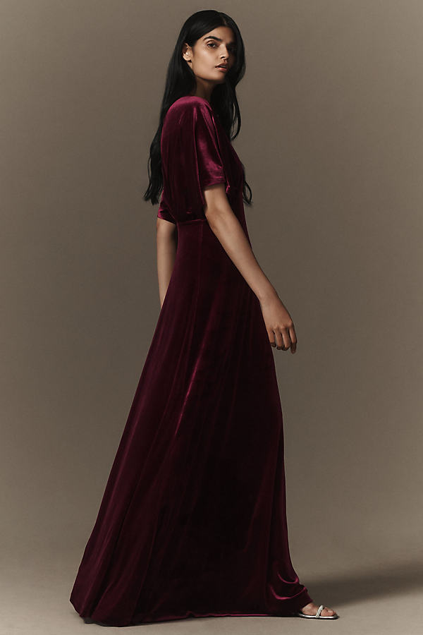 Bhldn Amelia Deep-V Flutter-Sleeve Satin A-Line Gown - Chocolate |  Editorialist