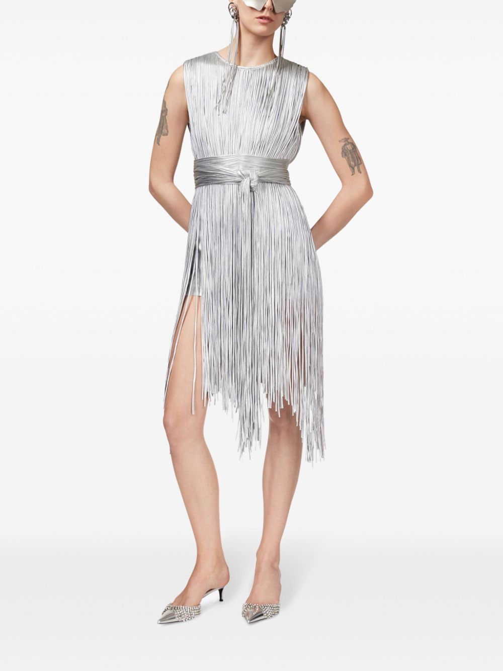 area metallic fringe dress One Shoulder Sleeveless Fringe Metallic Party Gold Maxi Dresses-S