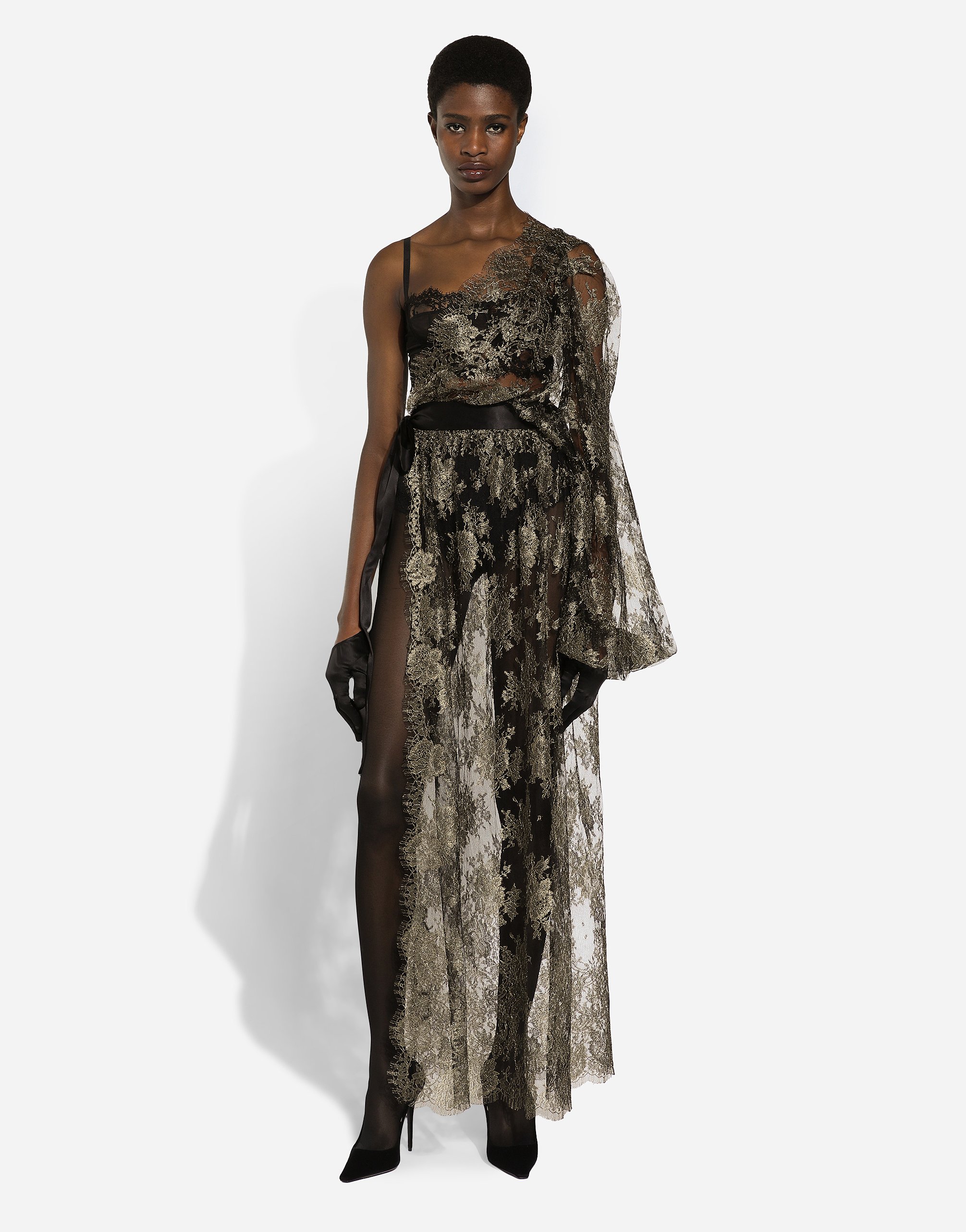 DOLCE & GABBANA Dolce & Gabbana One-Shoulder Lamé Chantilly Lace Dress