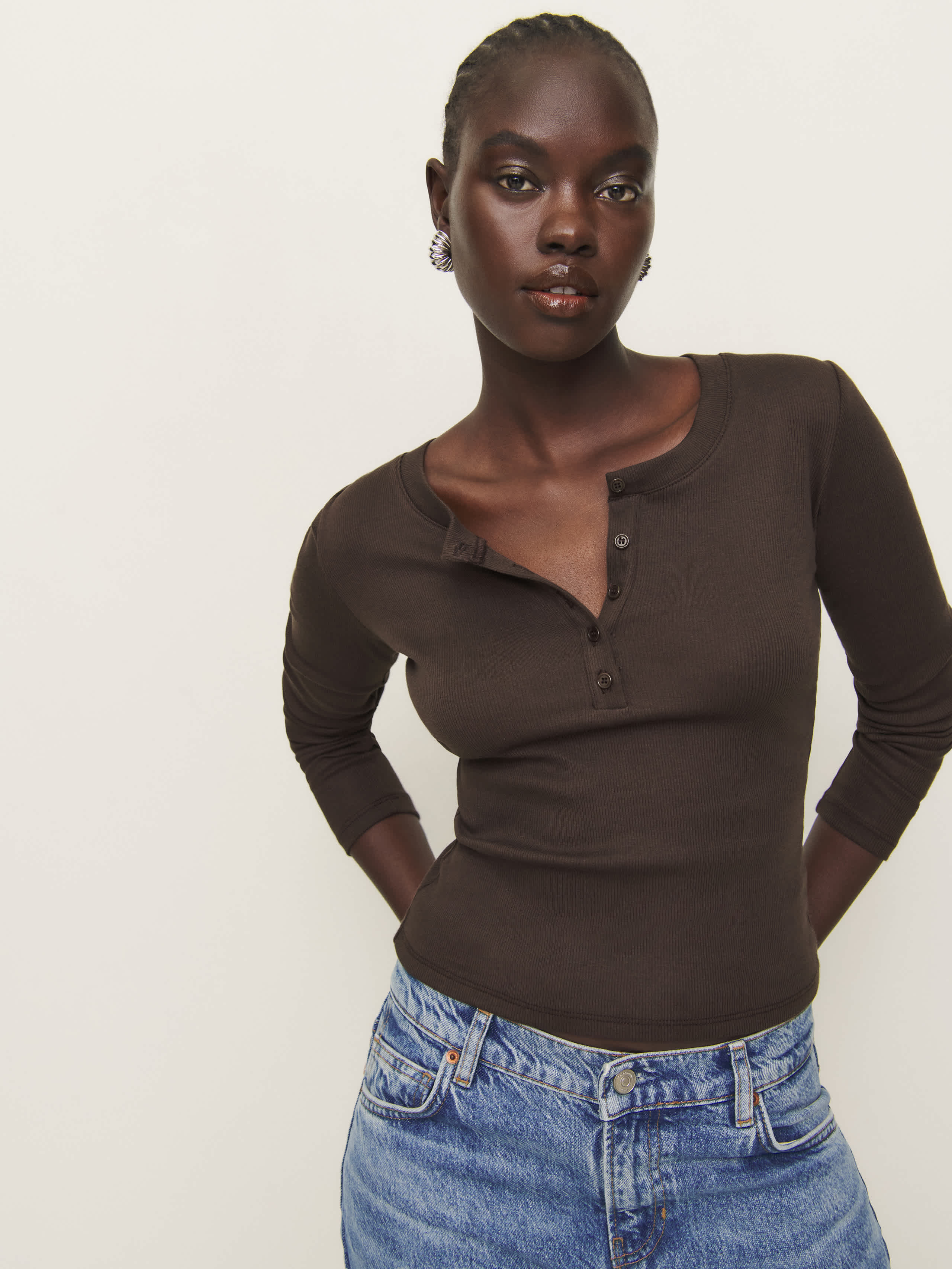 REFORMATION Long Sleeve Henley T-Shirt